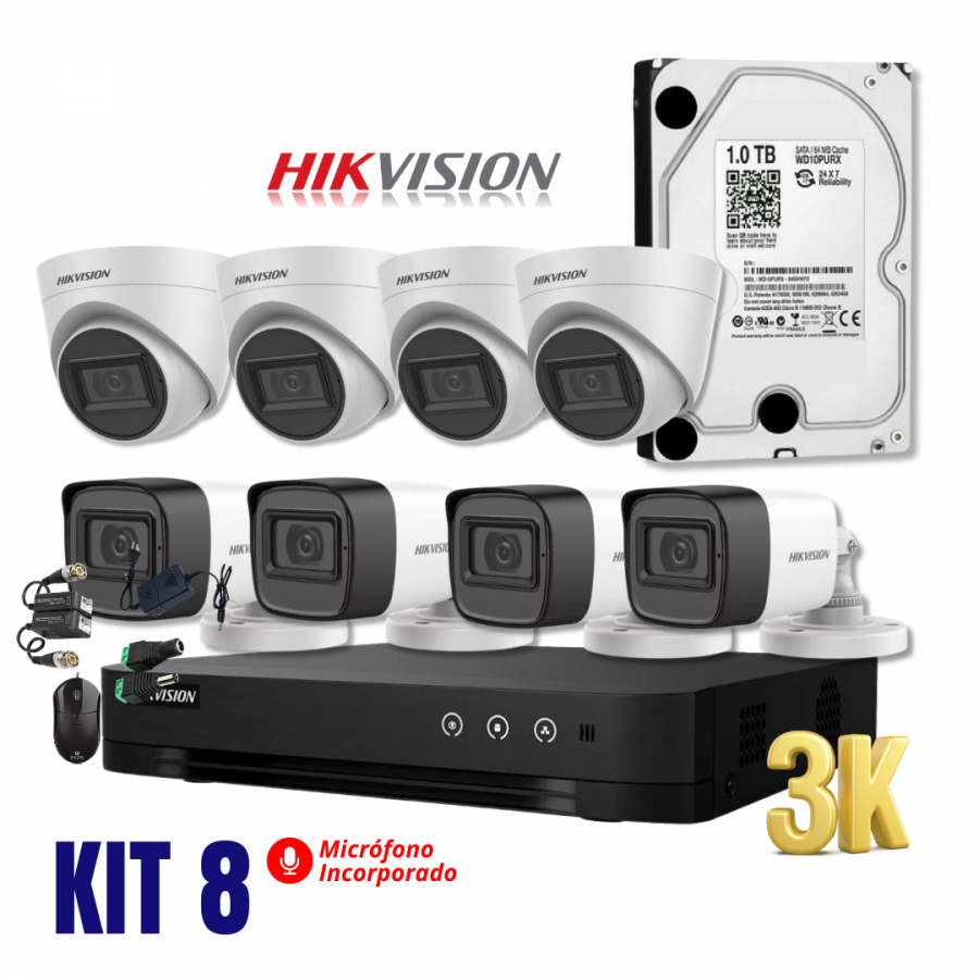 KIT HIKVISION 5MP 3K DE 8 CÁMARAS FULL HD CON AUDIO - Securitron Perú